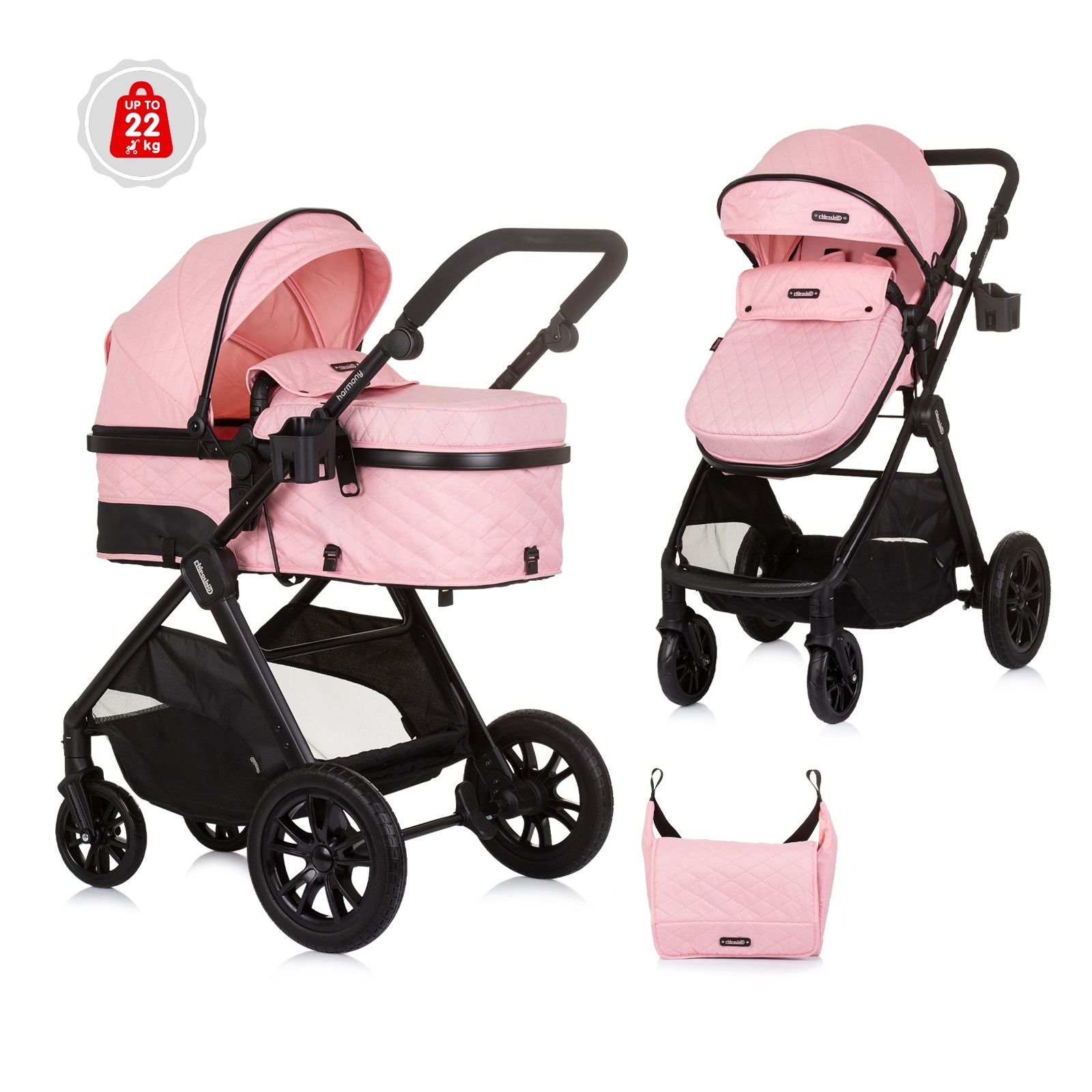 Chipolino Harmony Opvouwbare 3-in-1 Kinderwagen met Luiertas Flamingo ...